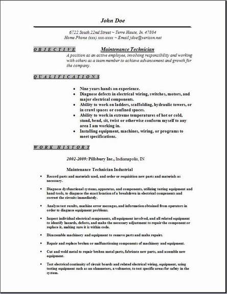 Maintenance Technician Resume examples samples Free Edit With Word